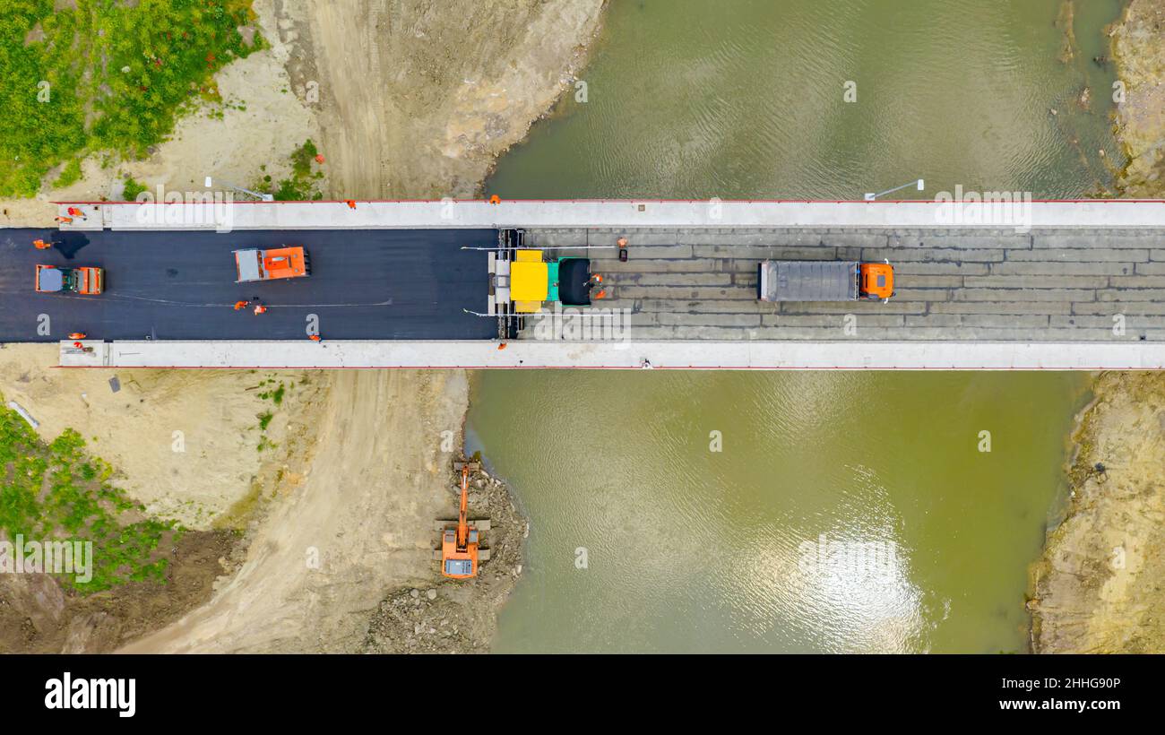 Above top view, overhead, on transportation with truck delivery of hot ...