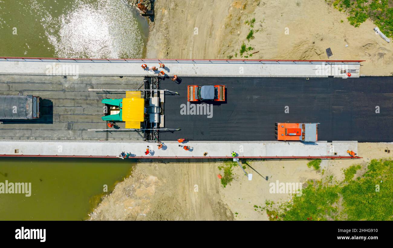 Above top view, overhead, on transportation with truck delivery of hot ...