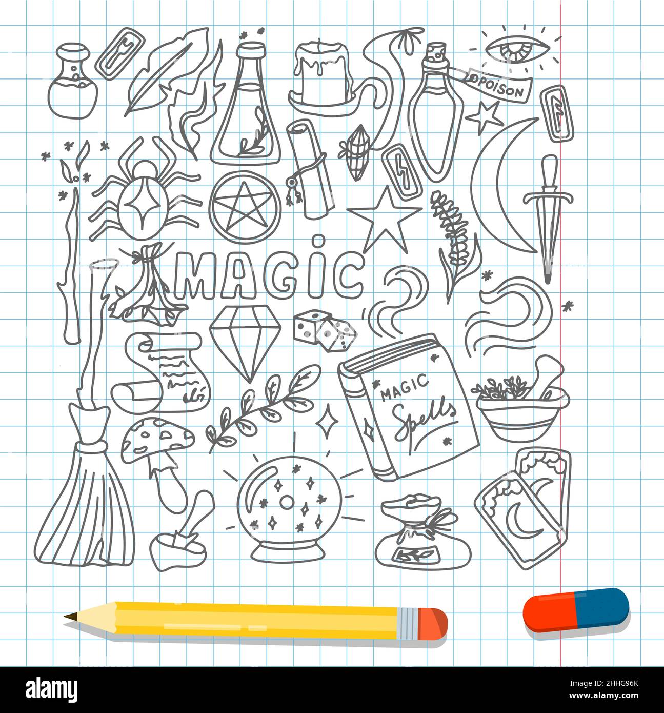 Magic hand drawn doodle set. Vector icons of magic items. Collection ...