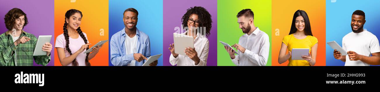 Great App. Diverse Happy People With Digital Tablets Posing Over ...