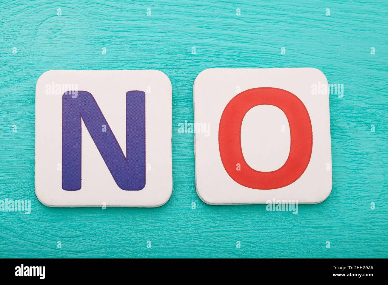 Word no on blue wooden background. Copy space. Top view. Mock up Stock ...