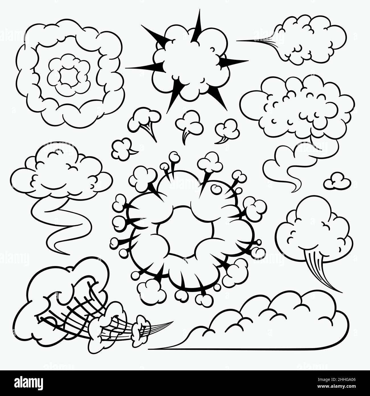 Comic clouds, cartoon vector clouds in line style isolated on light ...