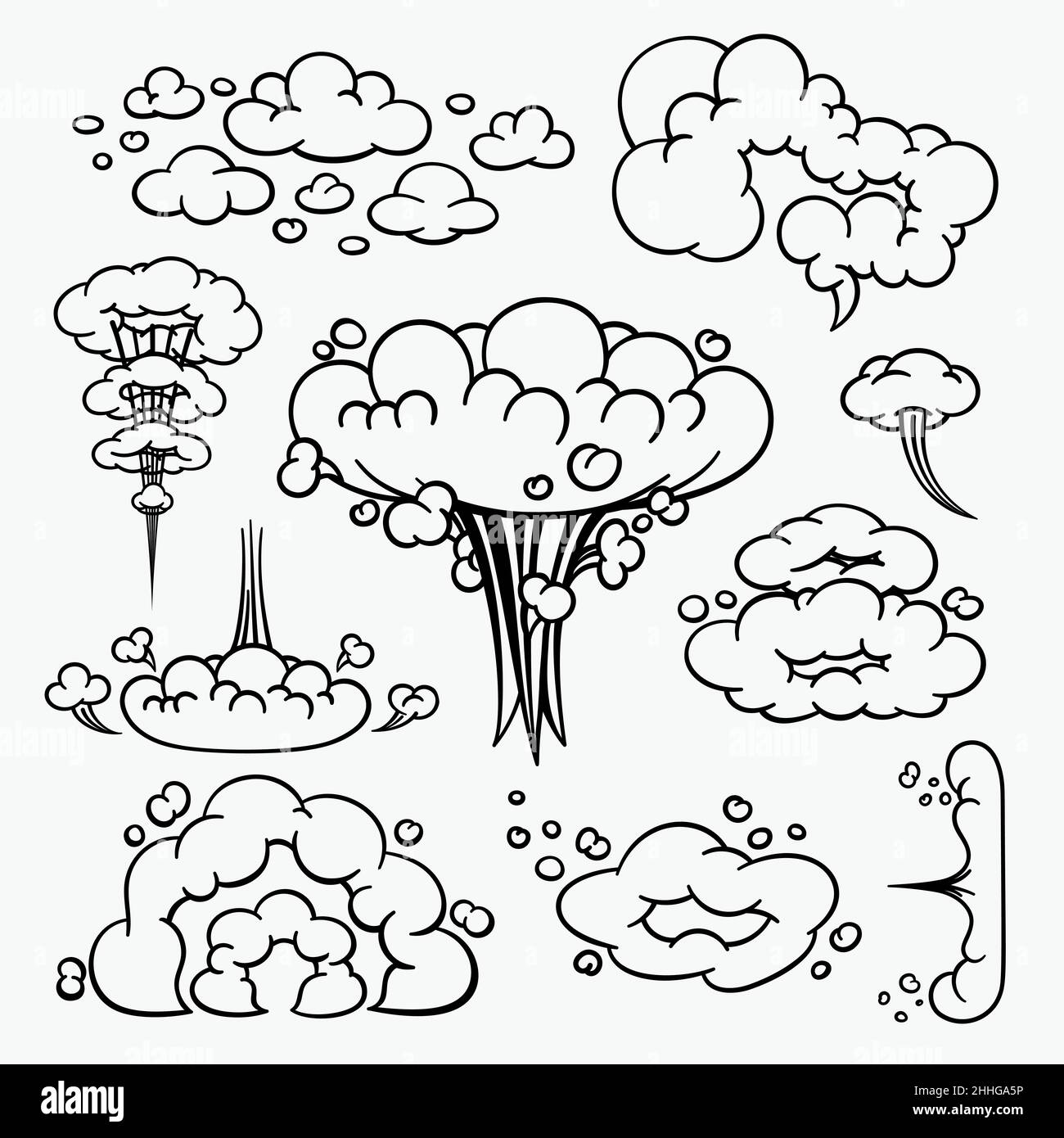 Comic clouds, cartoon vector clouds in line style isolated on light ...