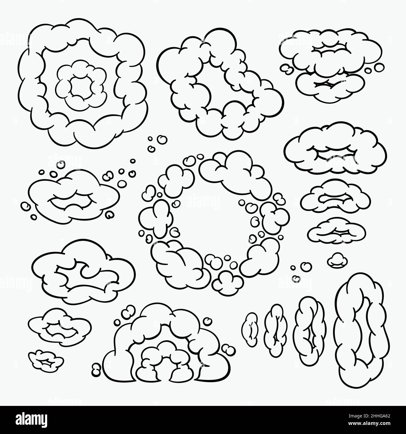 Comic clouds, cartoon vector clouds in line style isolated on light ...