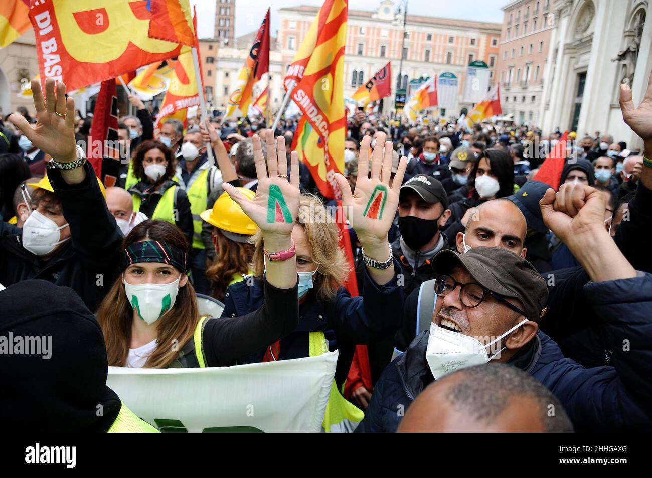 Italy, Rome, April 28, 2021 : Pilots, hostesses and workers of the ...