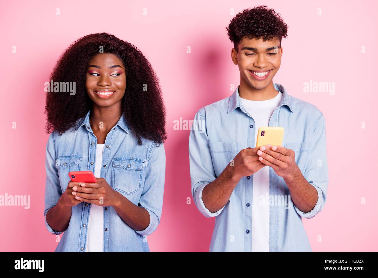 Portrait of beautiful handsome trendy friends friendship using davice ...