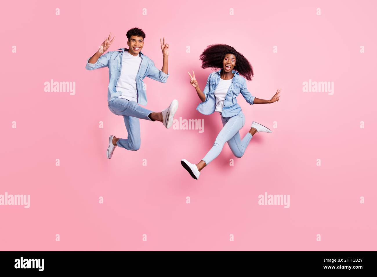 Full length body size view of beautiful handsome cheerful friends ...