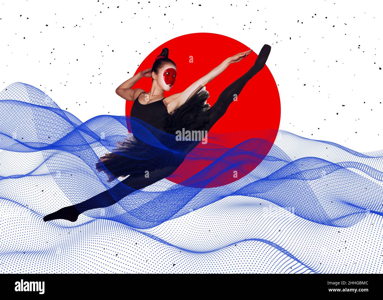 Art collage with of young beautiful Japanese ballerina in stage image dancing isolated on white ...