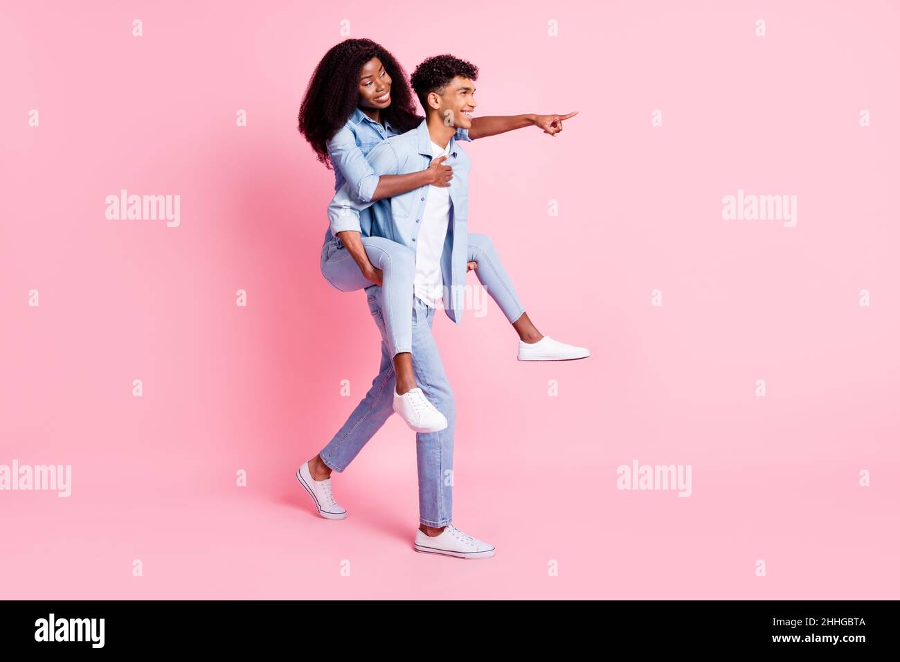 Full length body size view of beautiful handsome cheerful trendy ...