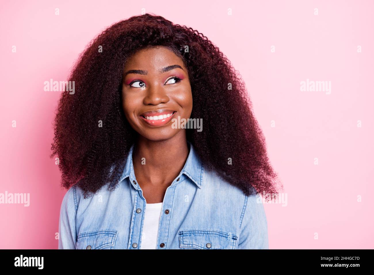 Portrait Of Attractive Curious Cheerful Wavy Haired Girl Thinking Copy