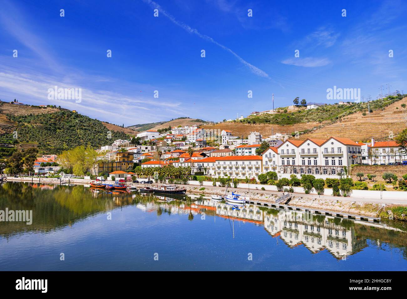 Landscape and vineyards in Douro valley with Pinhao village, Portugal ...
