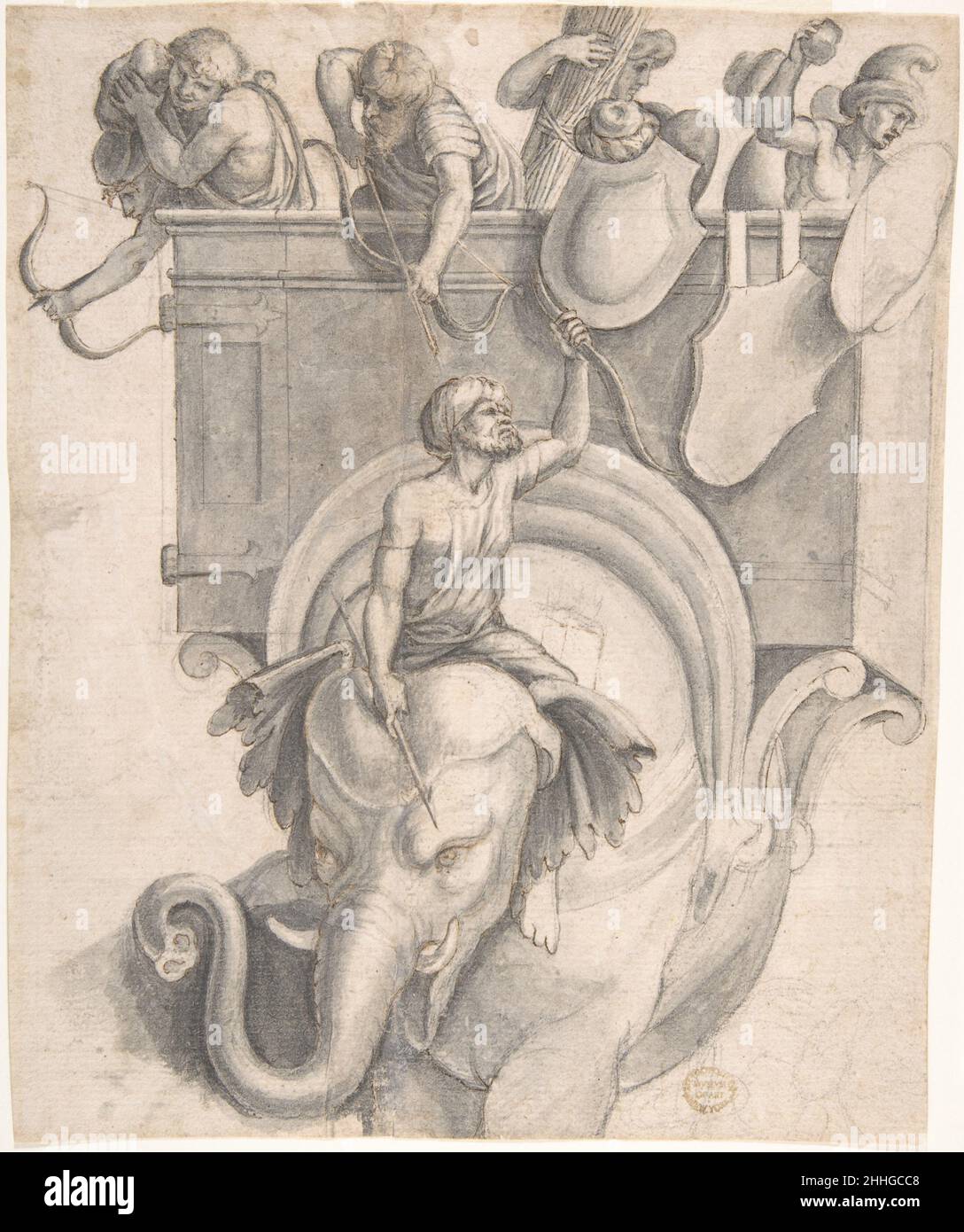 Battle Scene with Soldiers Mounted on an Elephant. 1550–1650 After ...