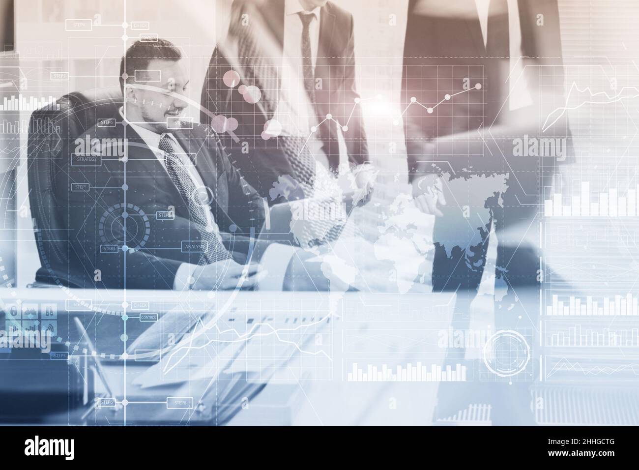 Financial dashboard with business intelligence BI. Blurred businessmen ...