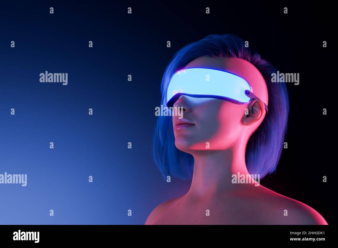 girl with futuristic virtual reality glasses in cyber punk style ...
