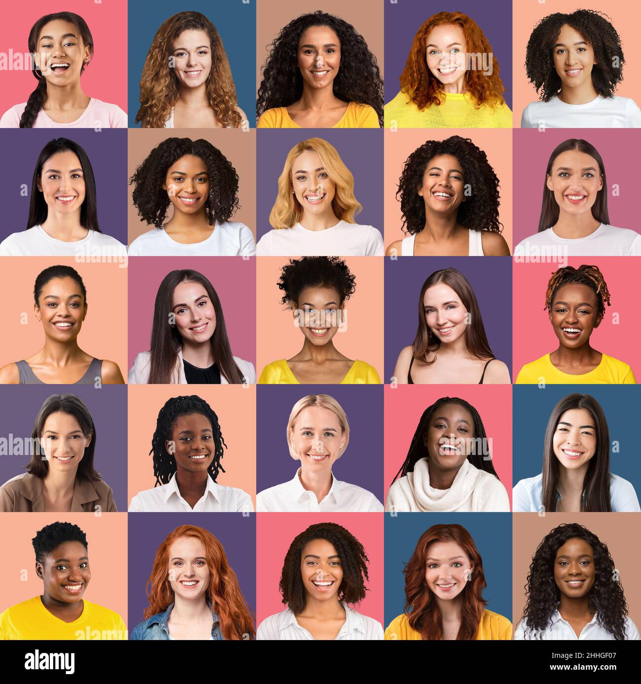 Square collage of young female multiethnic students over various bright ...