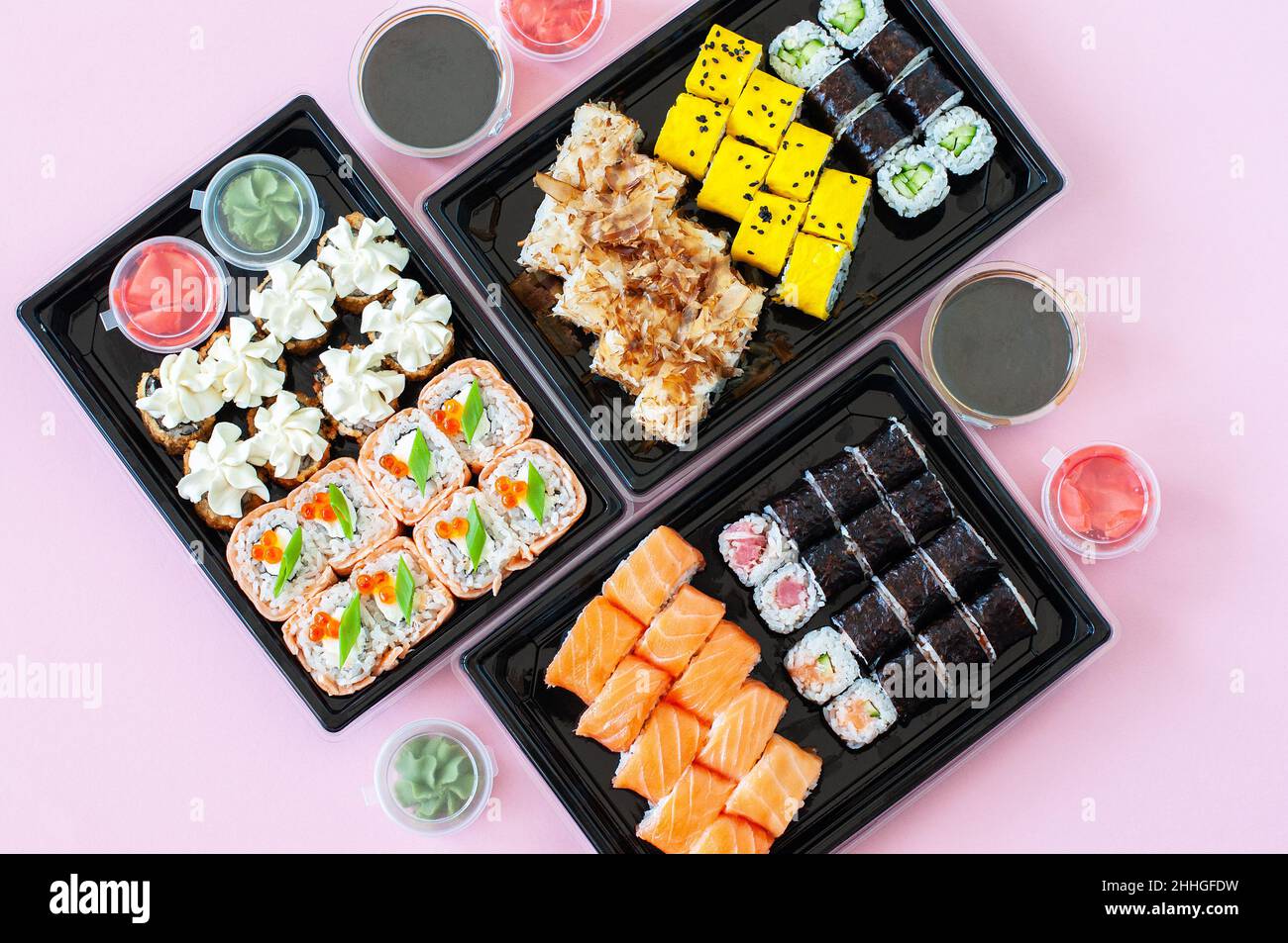 Assorted sushi roll sets. Japanese popular food. Top view Stock Photo ...