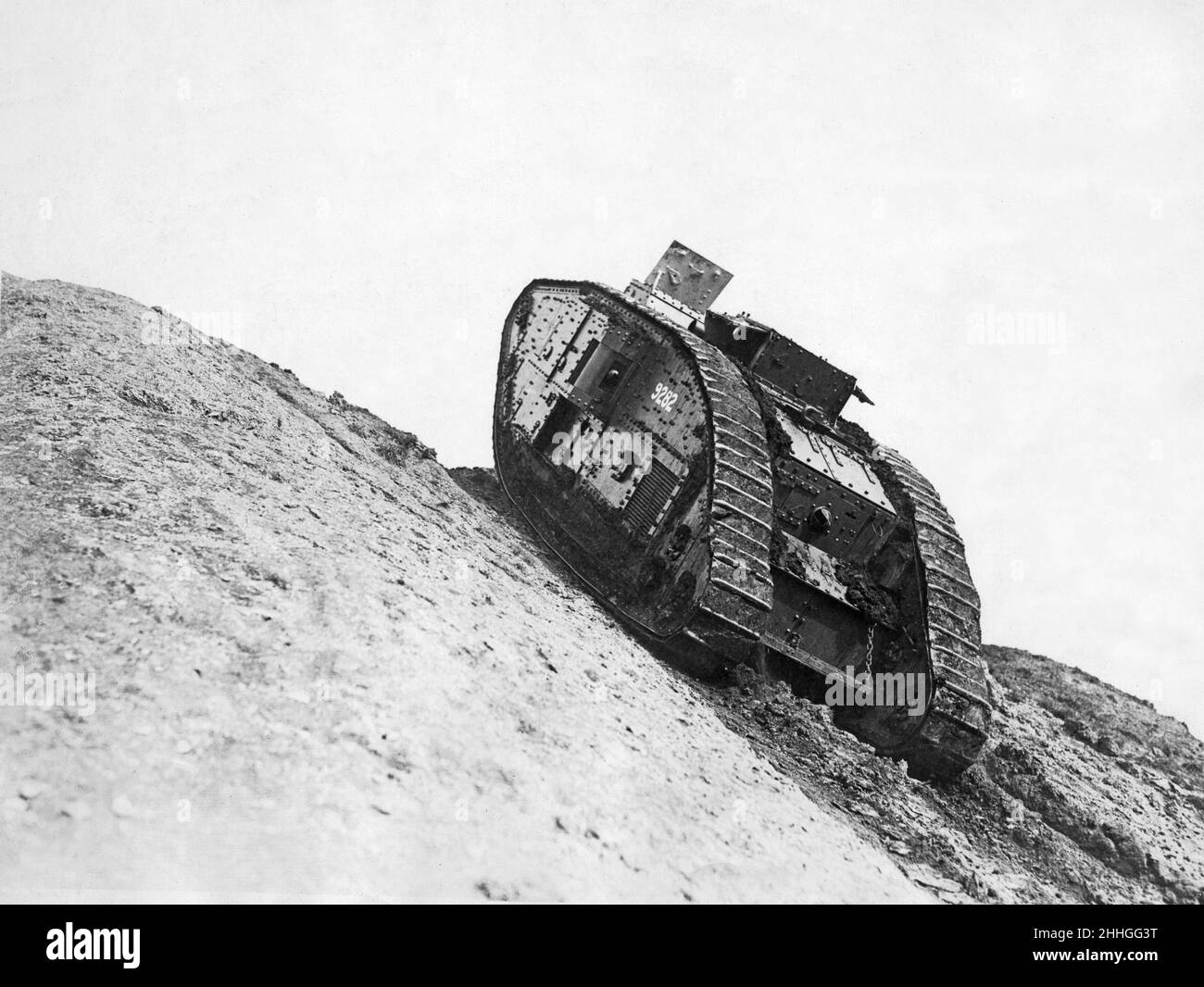 A British Army Mk IV tank being tested on a steep gradient at Oldbury ...