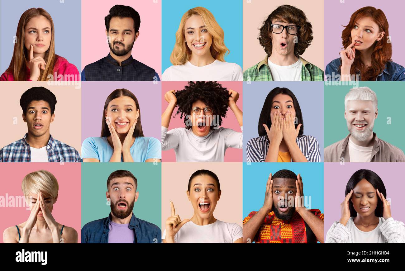 Collage of multicultural society expressing different emotions ...