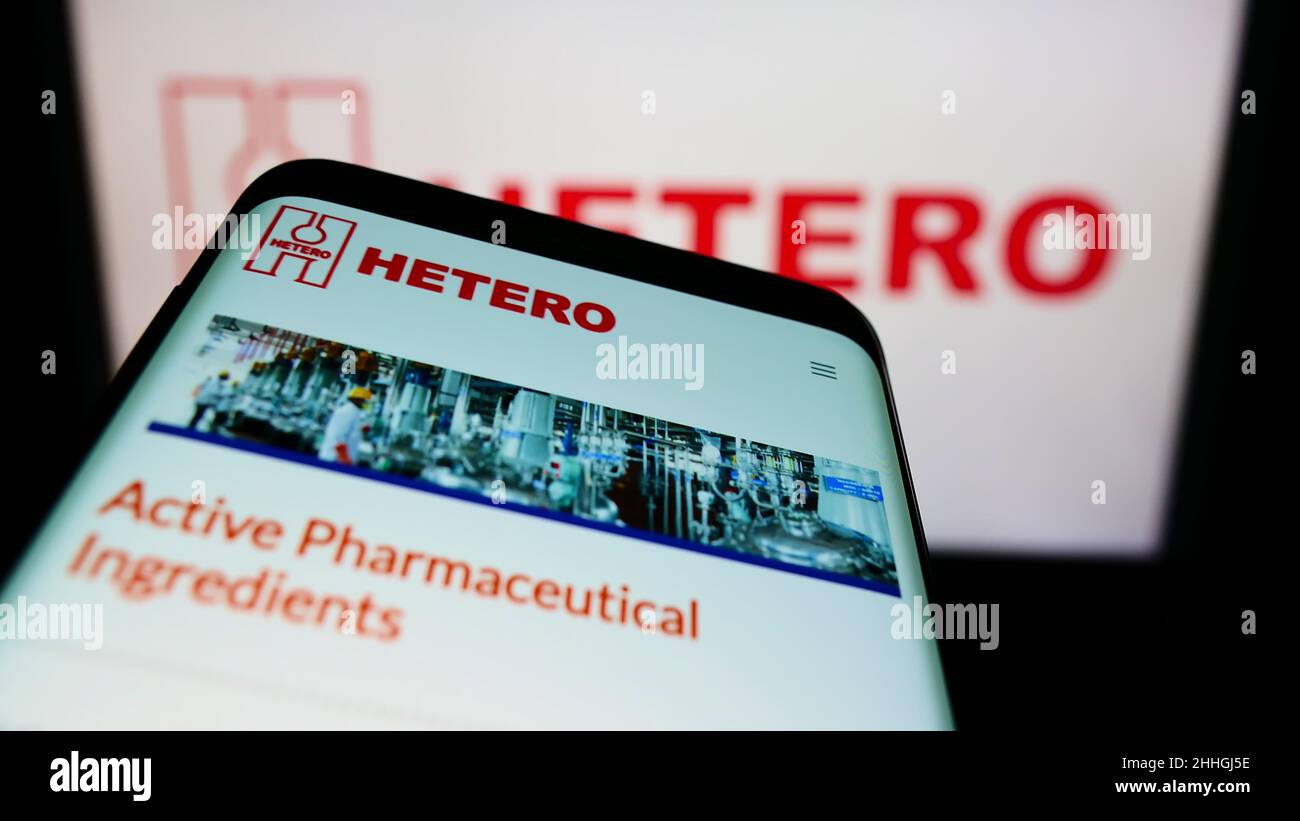 Mobile phone with website of Indian pharmaceutical company Hetero Group ...