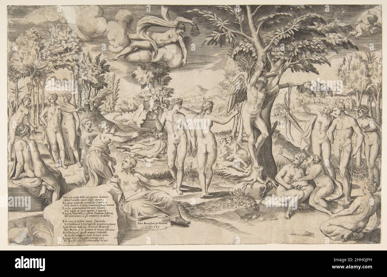 Cupid in the Elysian Fields tied to a tree in the centre, surrounded my ...