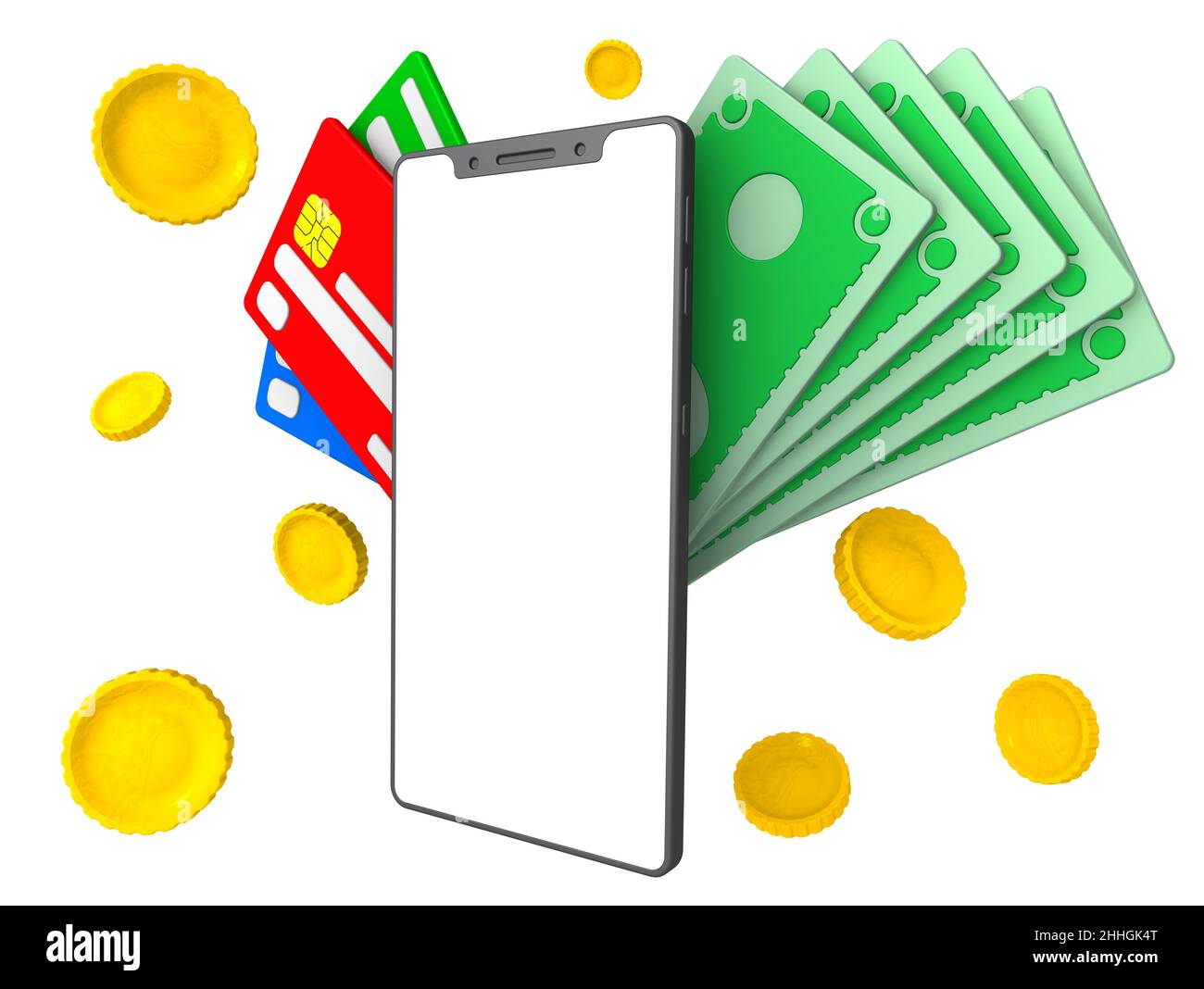 Money and smartphone. One smartphone with lots of golden coins ...