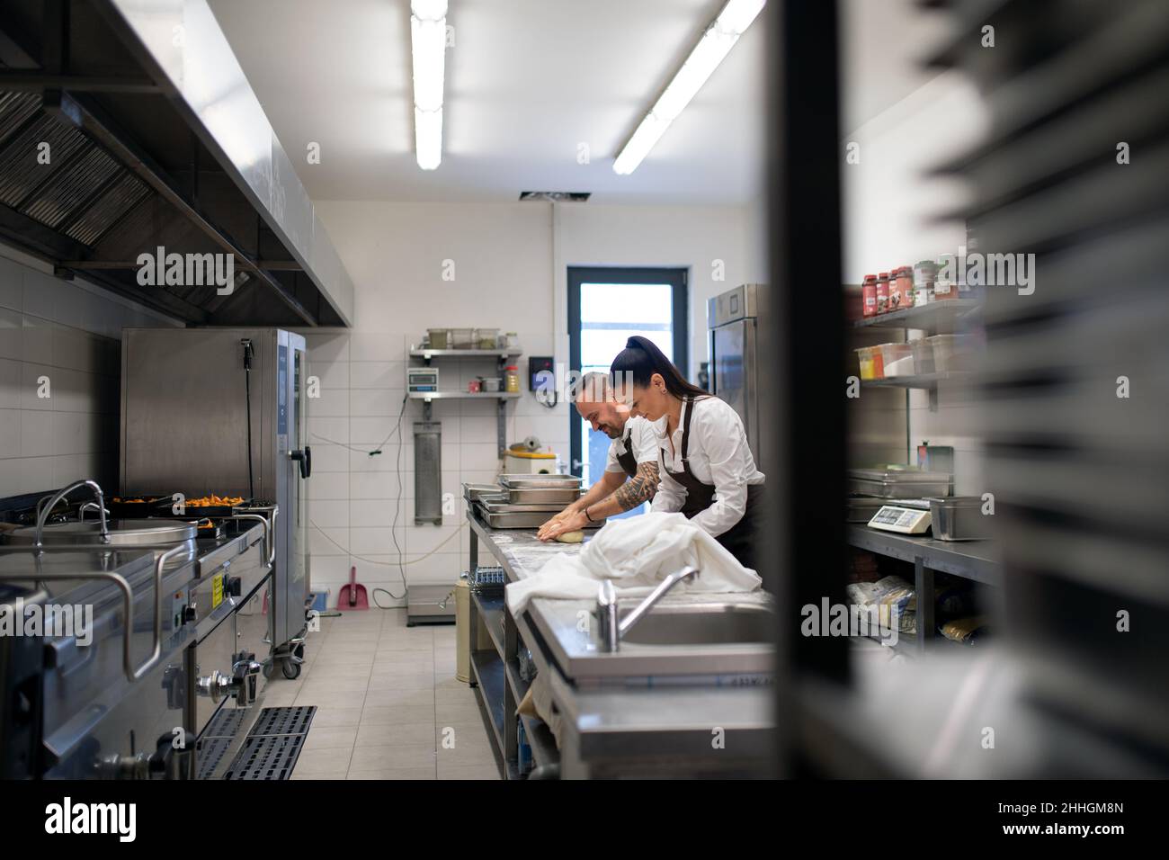 Chef and cook working on their dishes indoors in restaurant kitchen ...