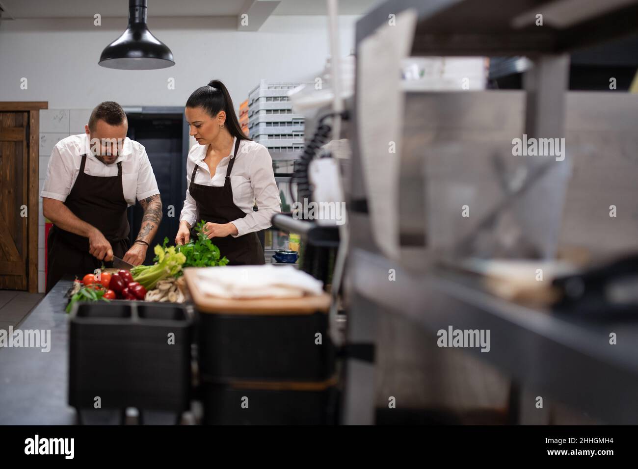 Chef teaching how to cook, cutting vegetables indoors in commercial ...