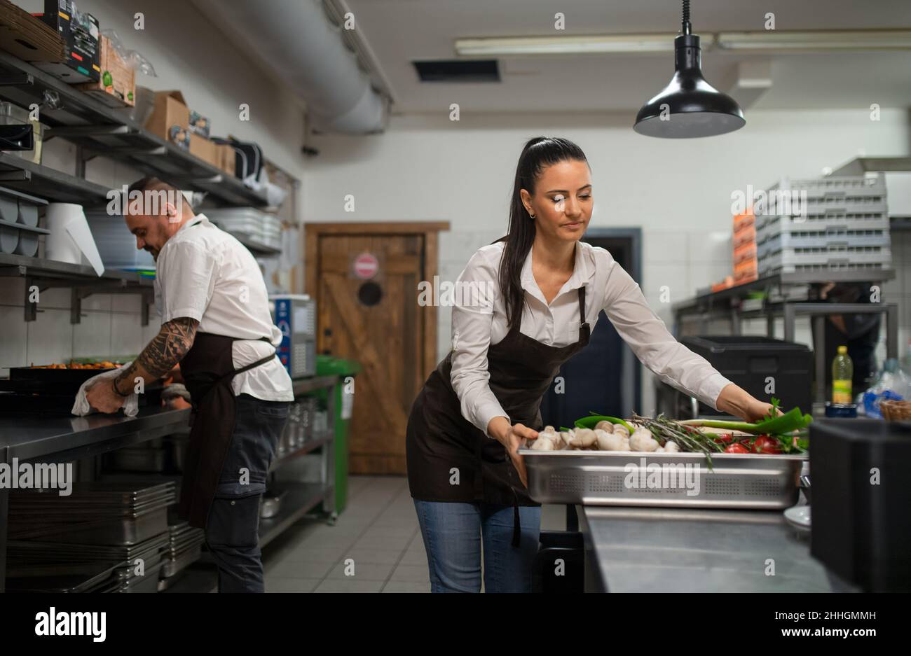 Chef and cook working on their dishes indoors in restaurant kitchen ...