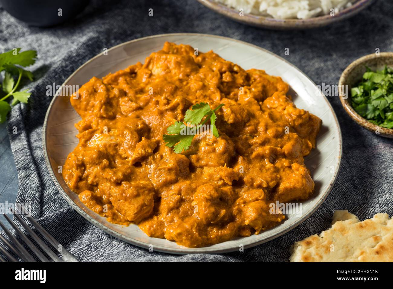 Homemade Indian Coconut Chicken Curry with Rice and Naan Bread Stock ...