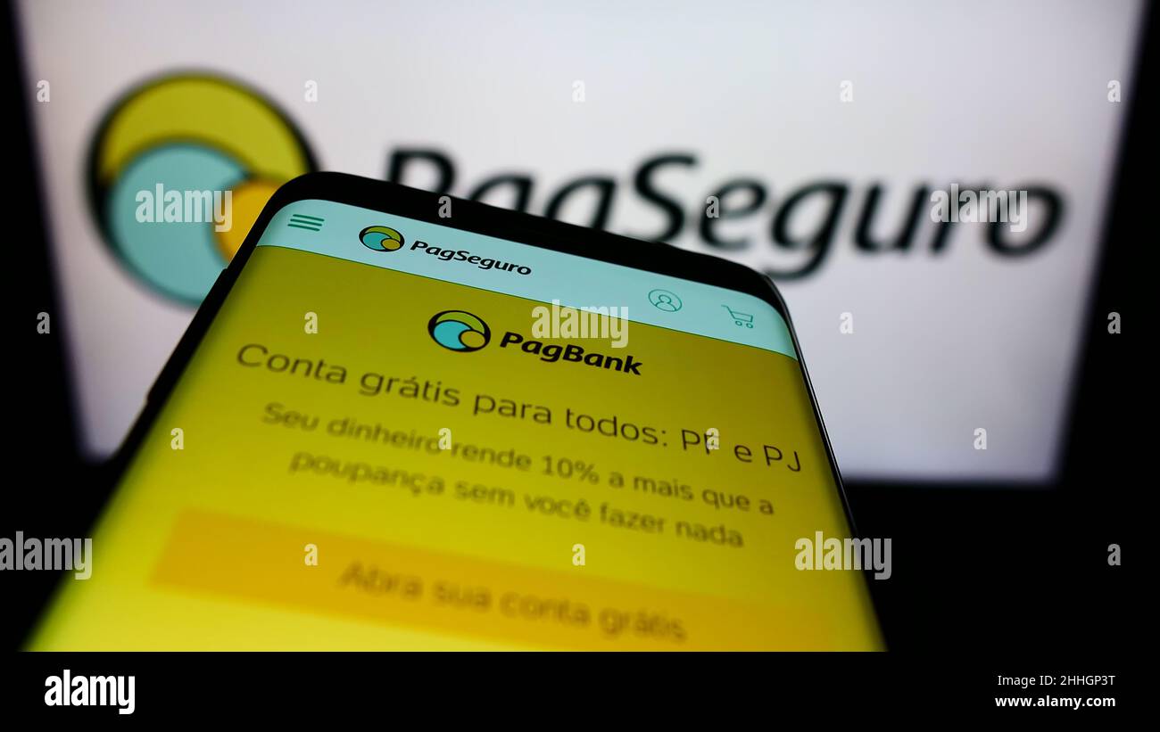 Mobile phone with website of Brazilian fintech company PagSeguro ...