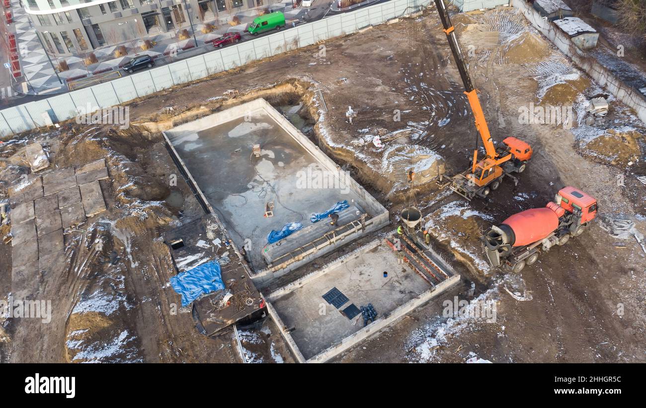 Drones aerial photo of a construction site of a pool, formwork concrete ...
