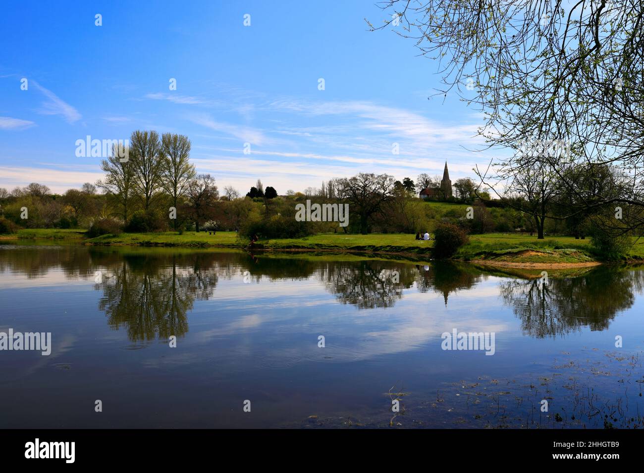 Summer view over the Harrold Odell Country Park Lake, Harrold village ...