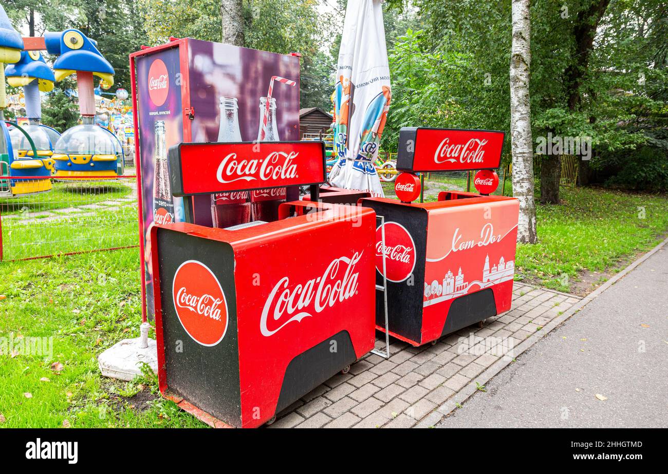 Veliky Novgorod, Russia - August 30, 2021: Coca Cola booth store at the ...