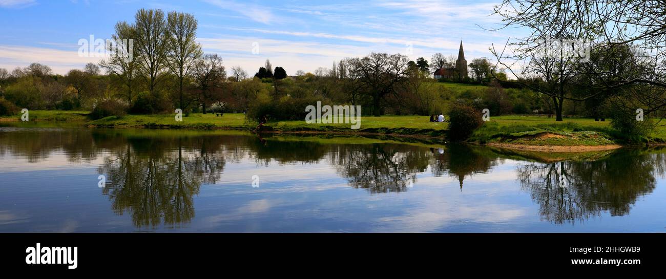 Summer view over the Harrold Odell Country Park Lake, Harrold village ...