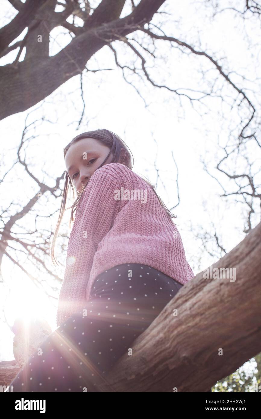 Girl sitting on branch of tree hi-res stock photography and images - Alamy