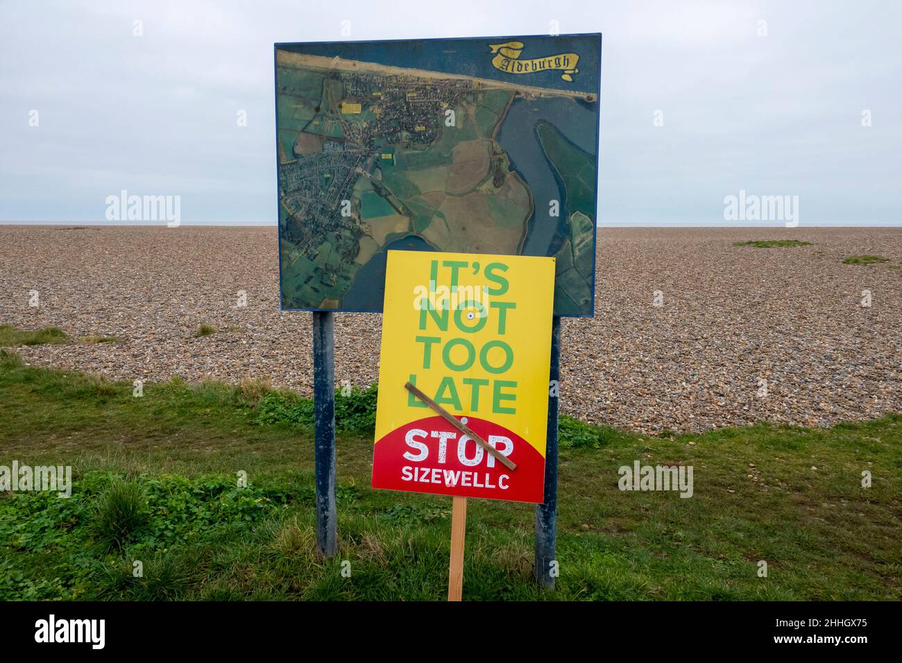 Protest sign to stop Sizewell C nuclear power station in front of a ...