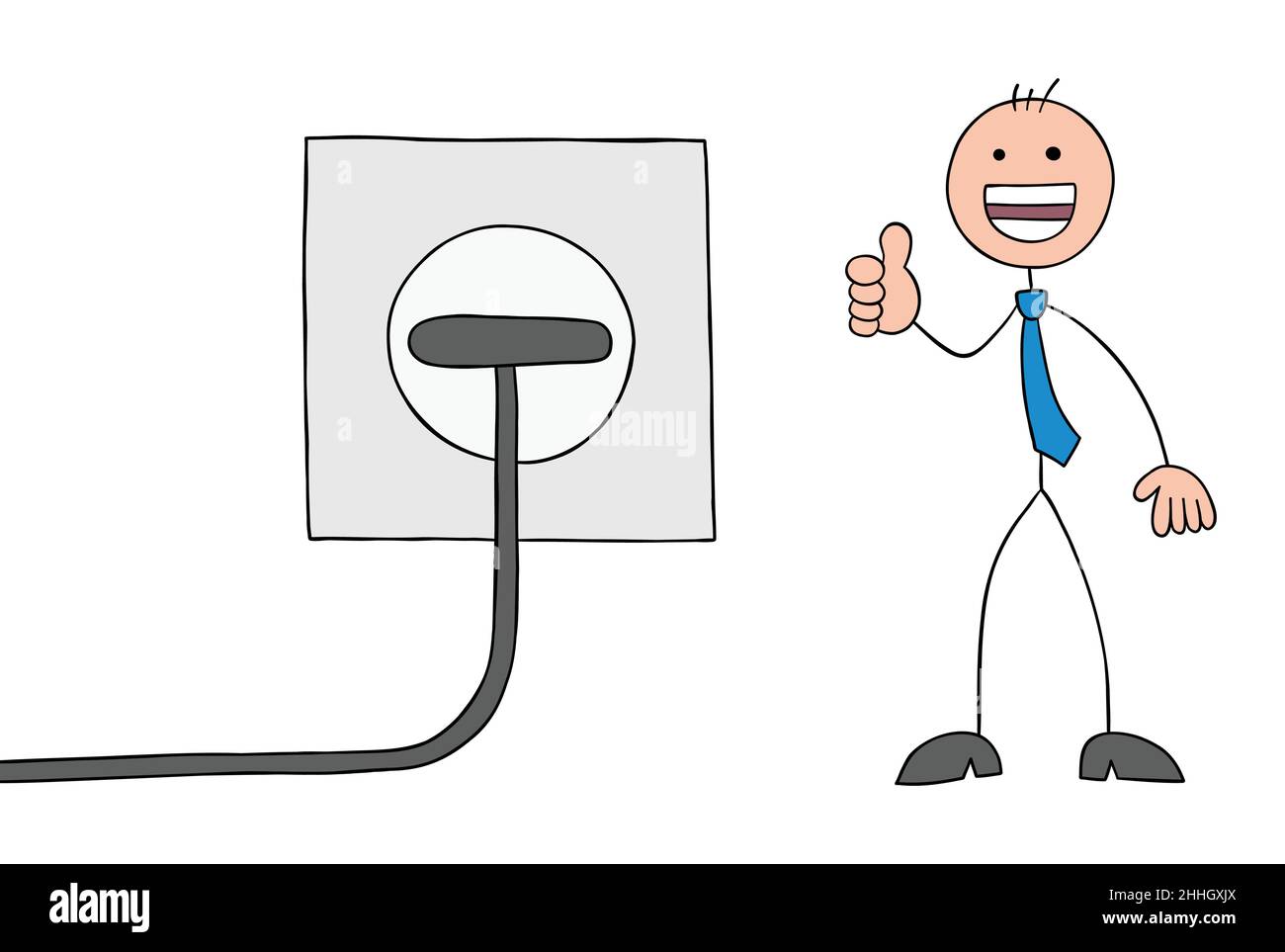 It's plugged in and stickman businessman is showing thumbs up and very ...