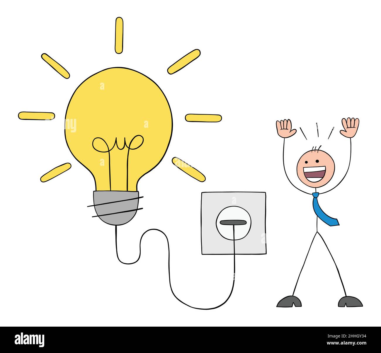 Light bulb is plugged in and glowing and stickman businessman is very ...