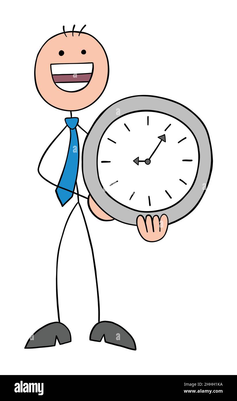 Stickman businessman holding clock and very happy. Hand drawn outline ...