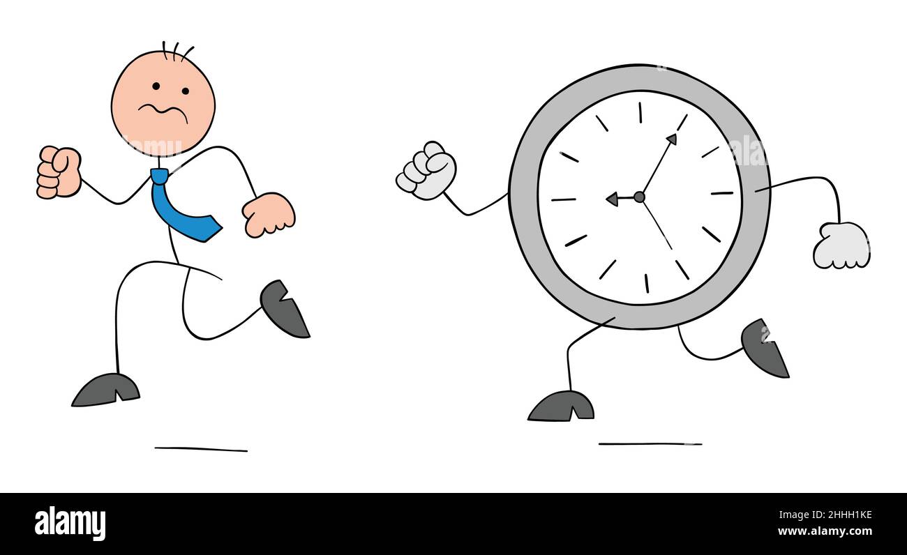 Stickman businessman is afraid of the clock and runs away. Hand drawn ...