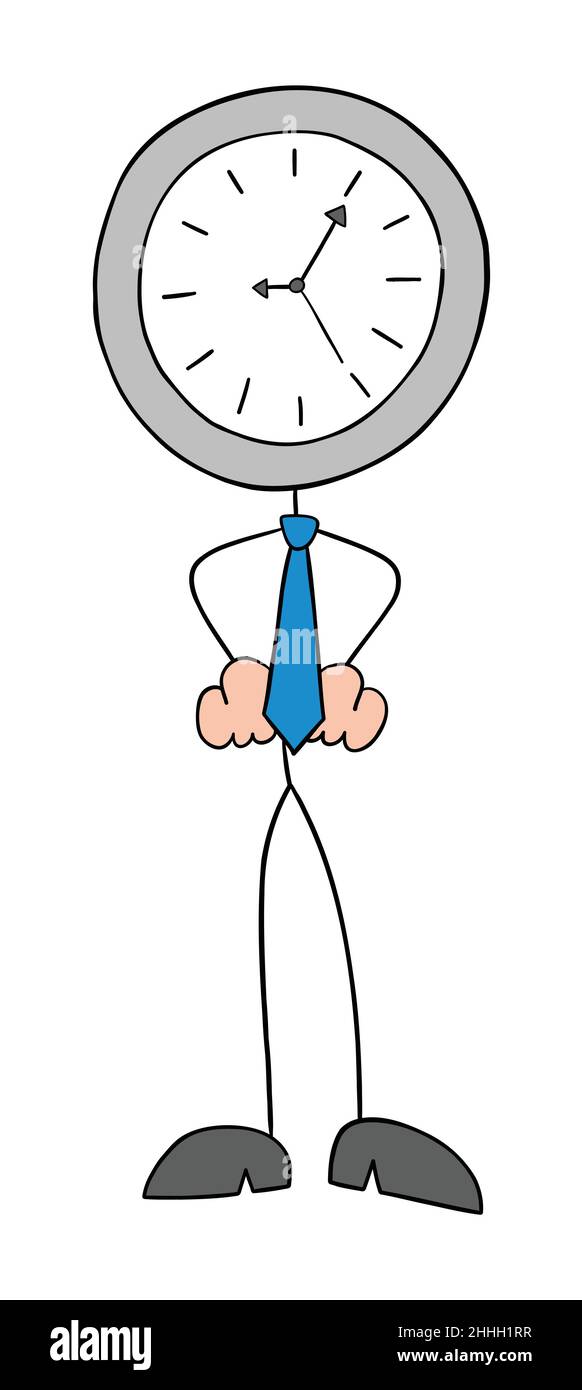 Stickman businessman stands with a clock head and hands on his waist ...