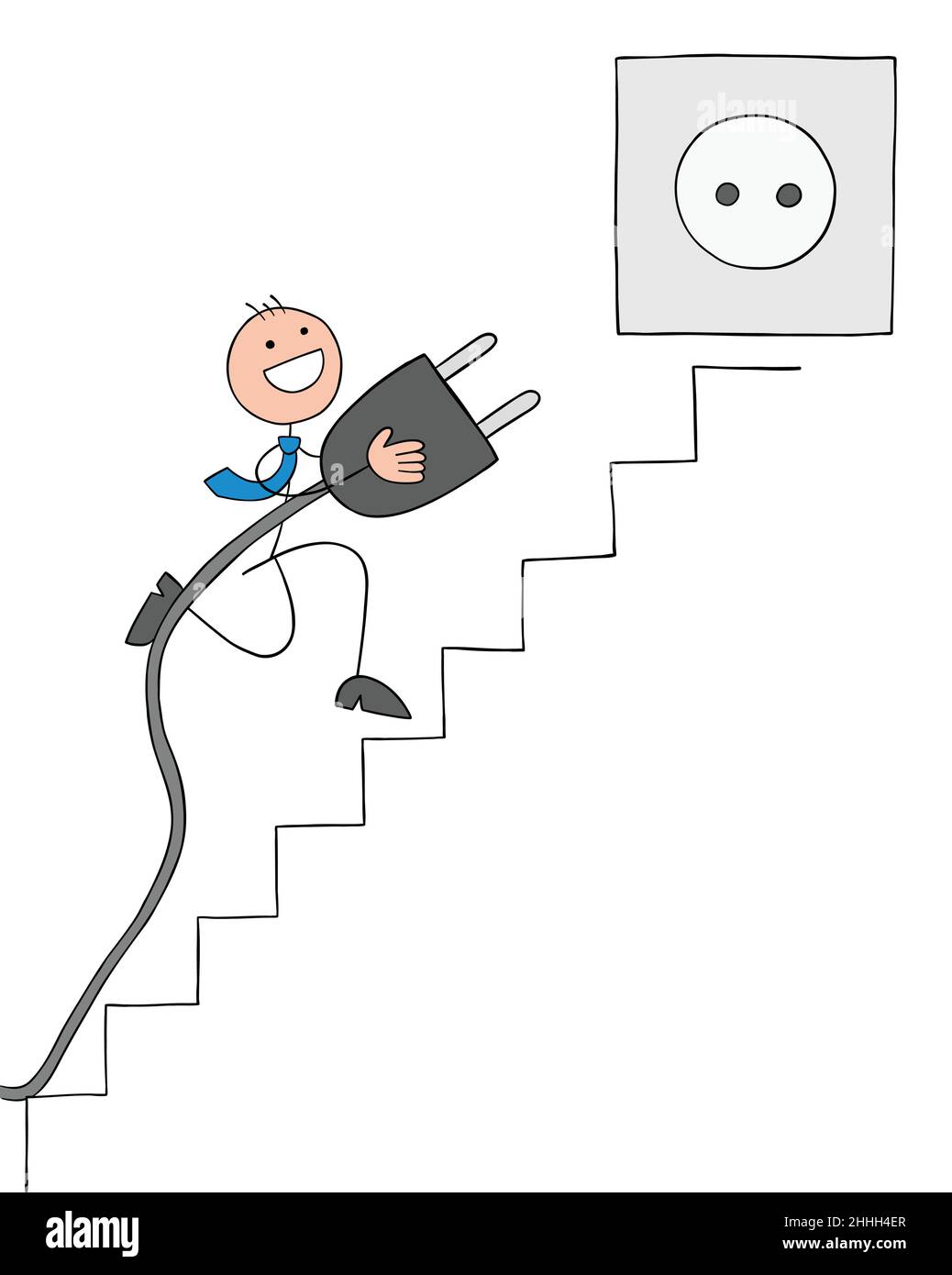 Stickman businessman carries the plug to the socket at the top of the ...
