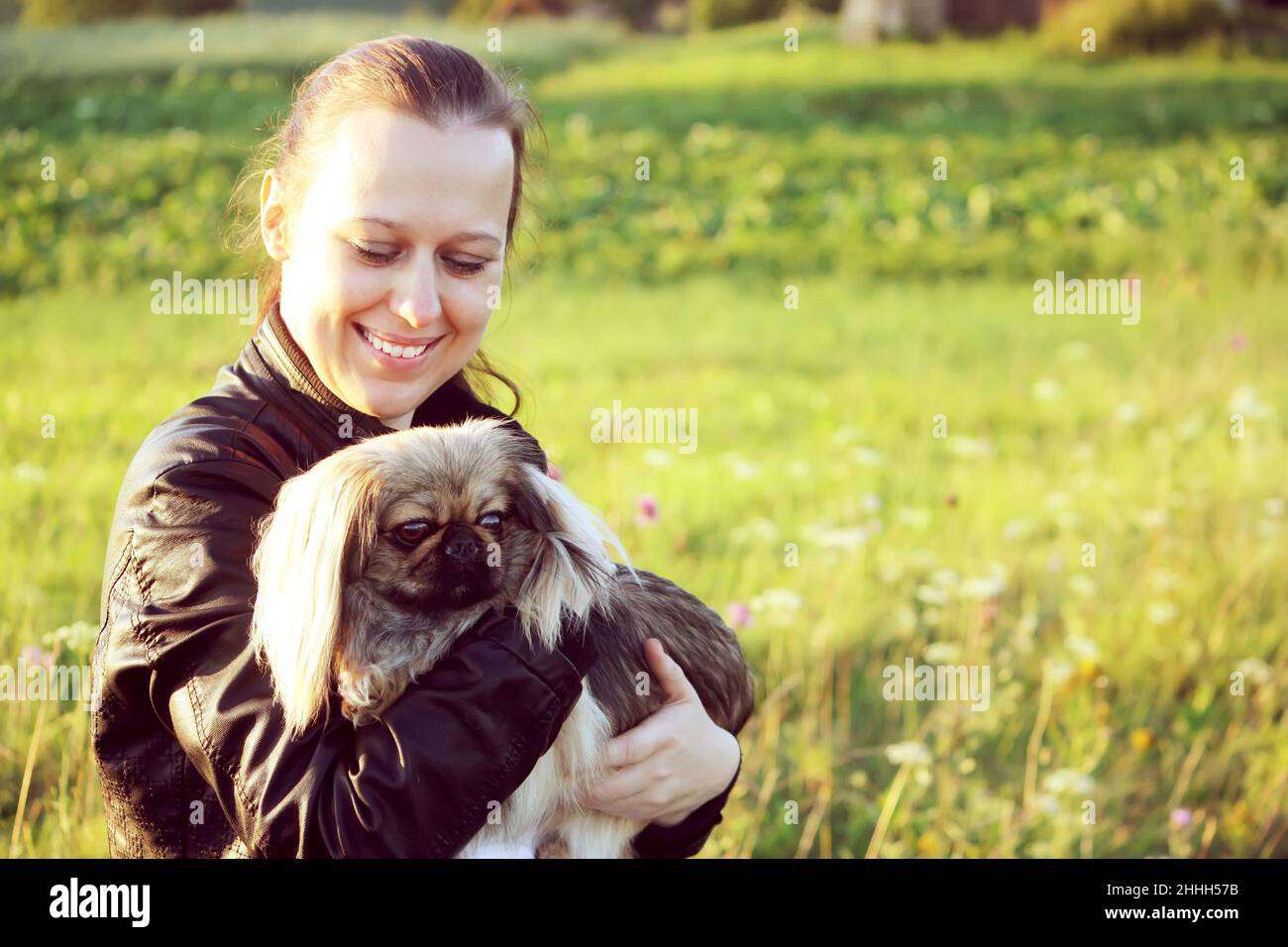 Beautiful young smiling woman portrait with a pekingese dog on summer ...