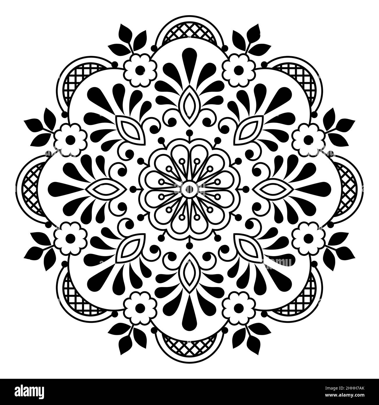 Folk art Scandinavian vector mandala design with flowers, greeting card ...