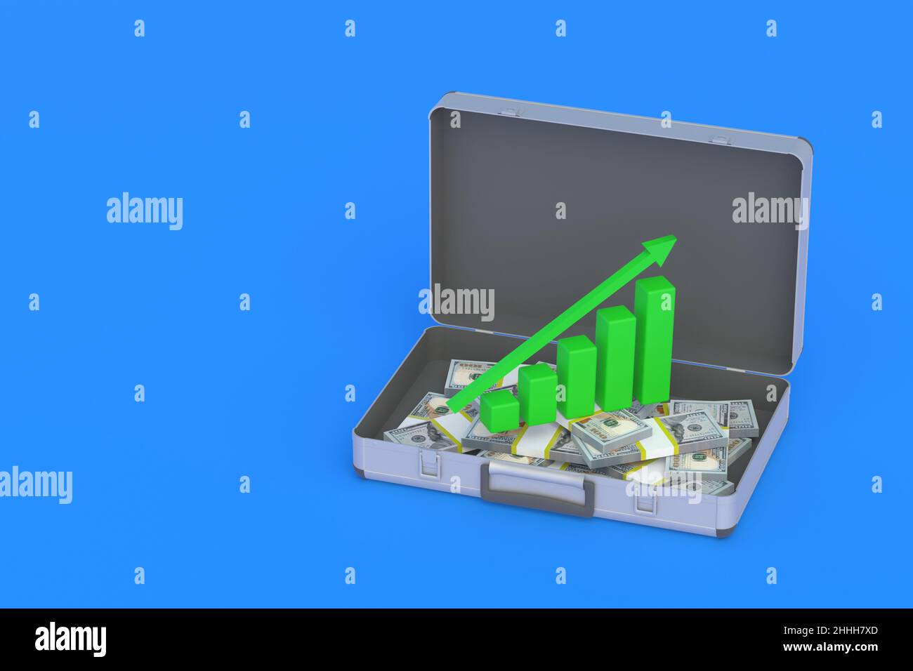 Suitcases full of money near charts with up arrow. Growth in return on ...