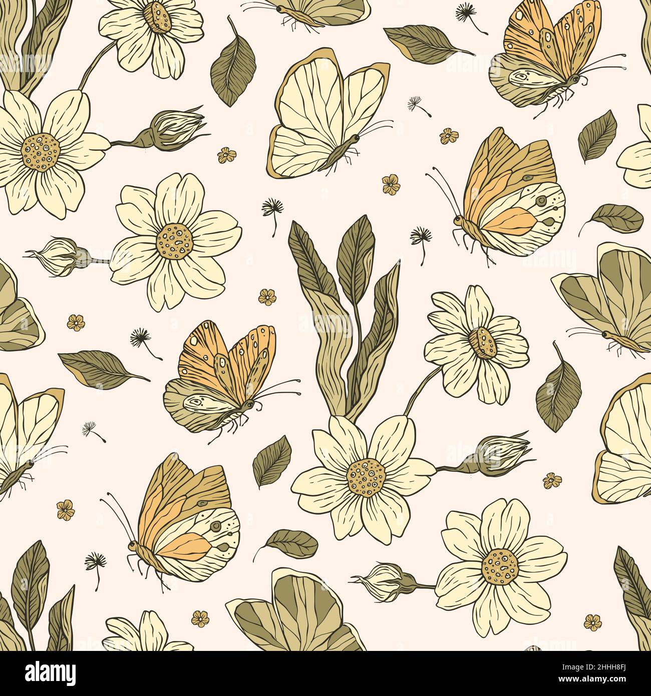 Vintage daisy and butterfly floral boho seamless pattern. Ornate garden ...