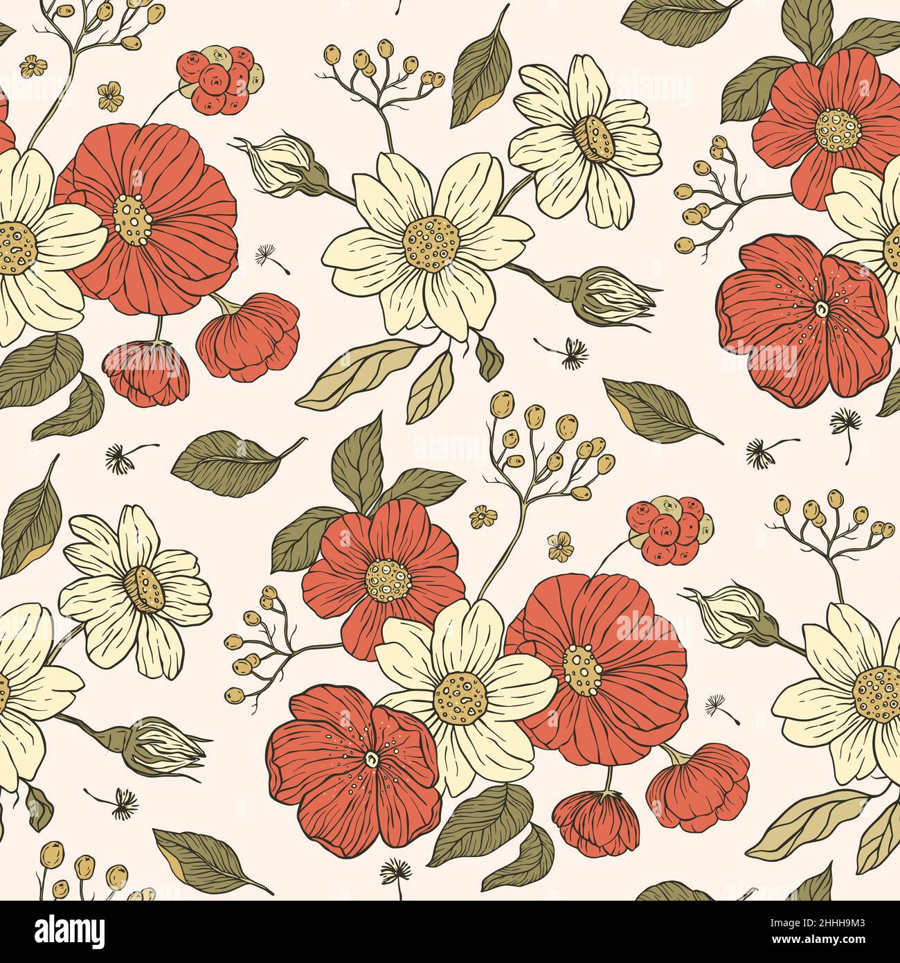 Vintage floral daisy and rose boho seamless pattern. Ornate garden art ...