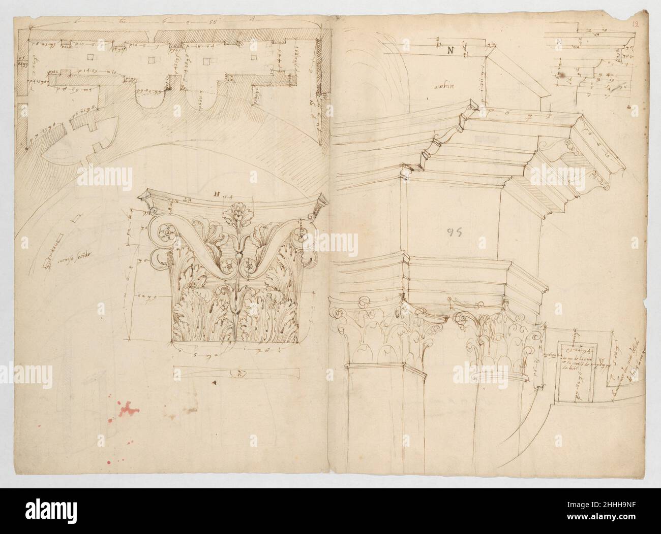 Pantheon, perspective elevation, partial plans, Corinthian pilaster ...