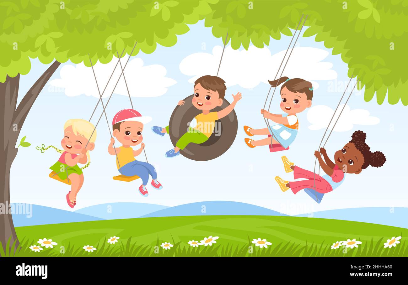 Children rope swings. Kids play on nature. Friends group swinging under ...
