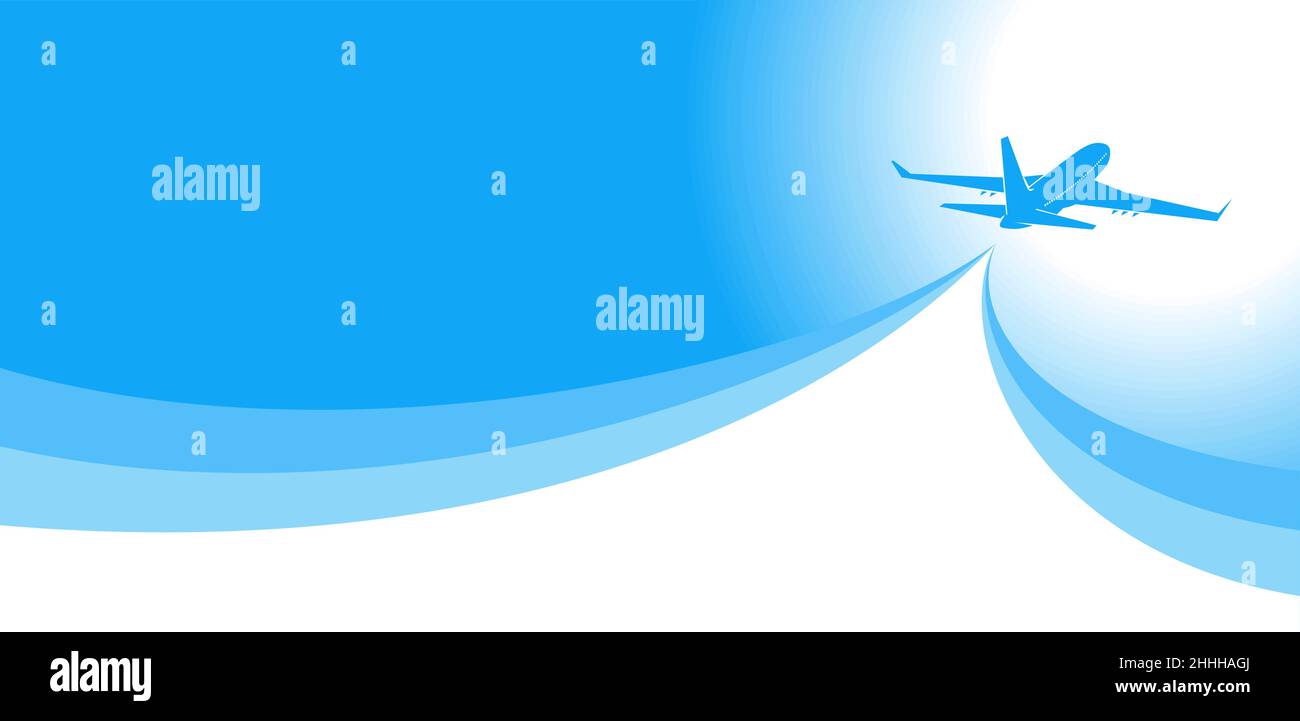 Blue sky with airplane taking off. Banner or flyer for travel and ...